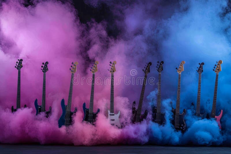 Rock Music Instruments Exploding with Colorful Smokes Stock Image ...