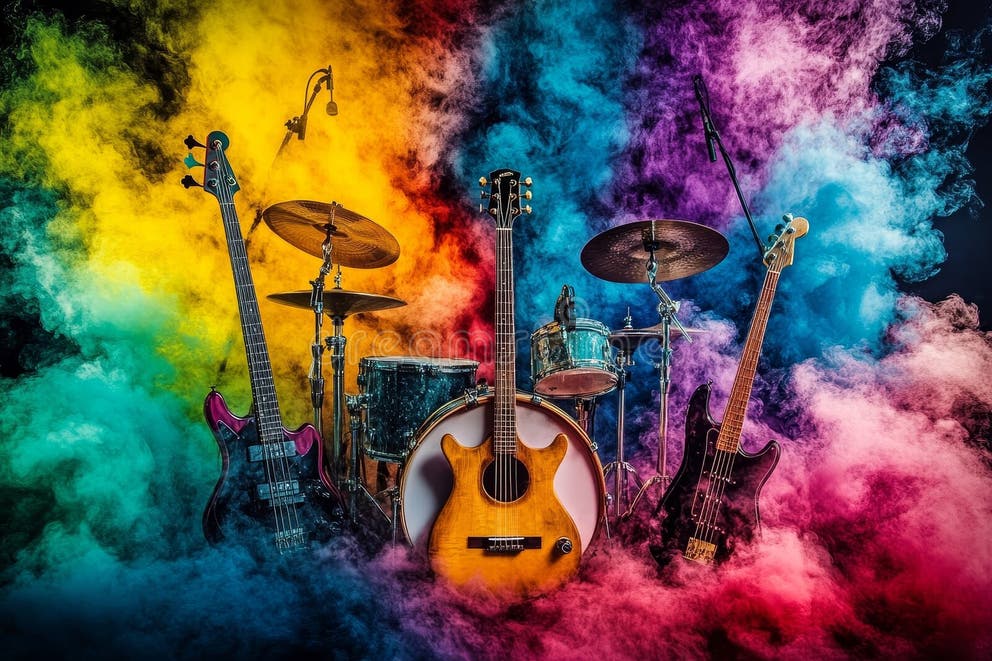 Rock Music Instruments Exploding with Colorful Smokes Stock Image ...
