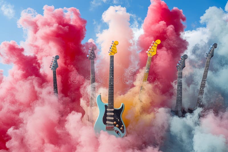 Rock Music Instruments Exploding with Colorful Smokes Stock Photo ...