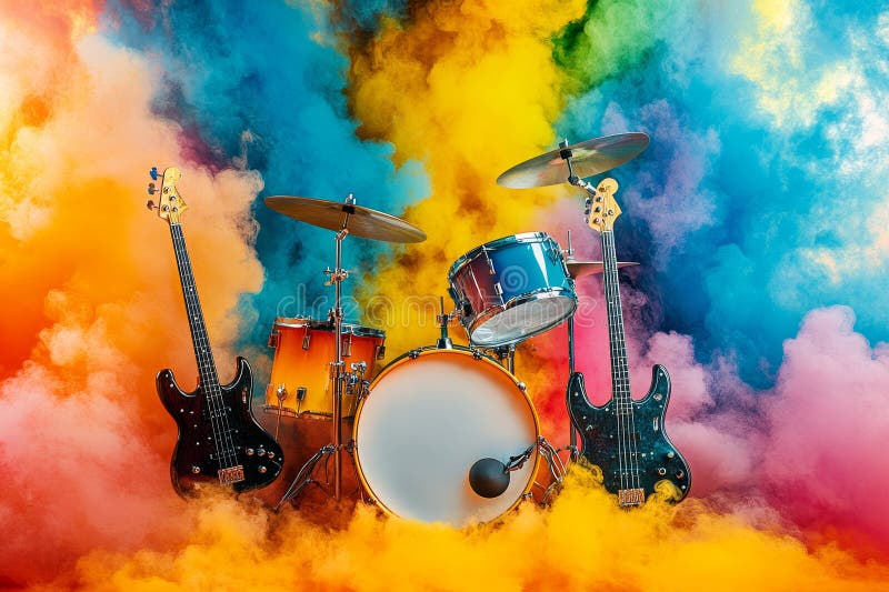 Rock Music Instruments Exploding with Colorful Smokes Stock Photo ...