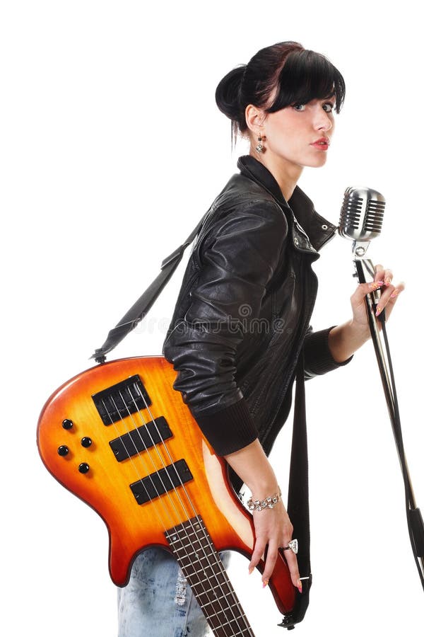 Rock-n-roll Girl Holding a Guitar Singing into Ret Stock Photo - Image ...