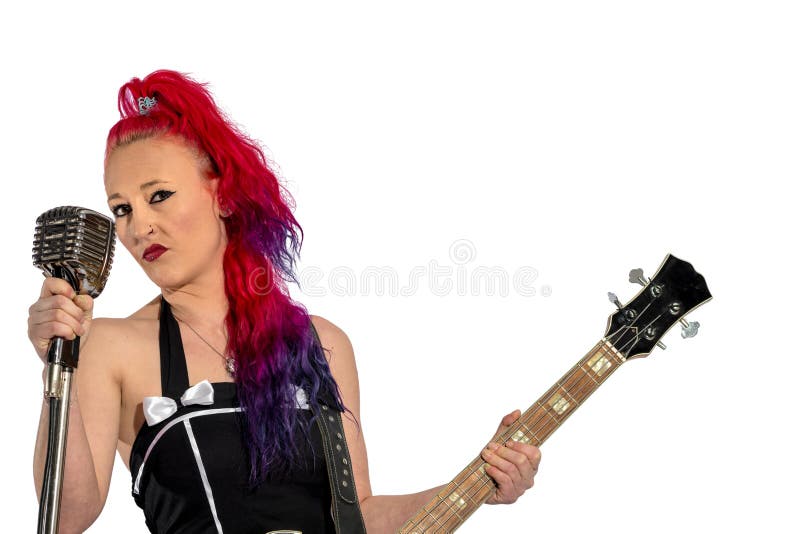 Rock`n`Roll Singer with Guitar and Microphone Stock Photo - Image of ...