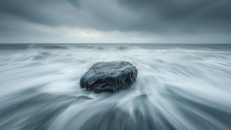 Rock in the Ocean, Long Exposure. Generative AI Stock Illustration ...