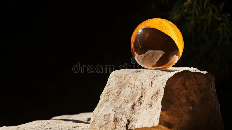 A Rock and an Orange Glass Sphere Stock Image - Image of background ...