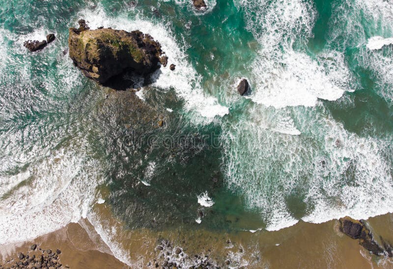 Rock in the Pacific Ocean, Waves and the Beach, Stones. Top View, Blue ...