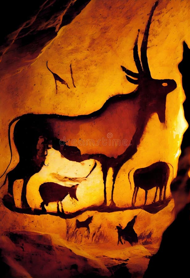 Rock Paintings on the Wall of a Prehistoric Cave. Stock Illustration ...