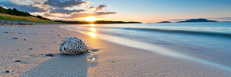 A Rock Perched Atop a Sandy Beach, Facing the Ocean As the Sun Sets in ...