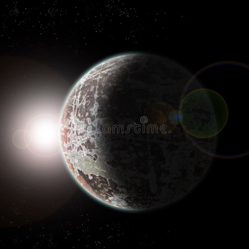 Rock Planet from Space at Sun Dawn and Stars - Stock Illustration ...