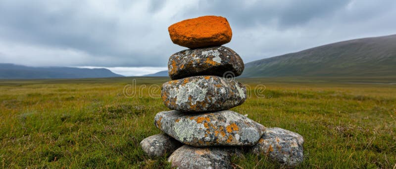 A Rock Pyramid in a Field with Mountains in the Background. Stock Photo ...
