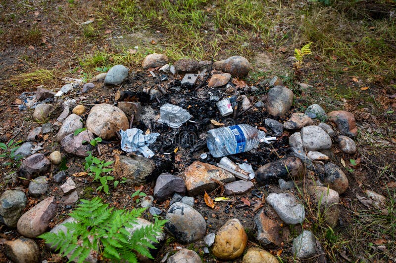 Campfire with Trash on Public Land. Stock Image - Image of forest ...