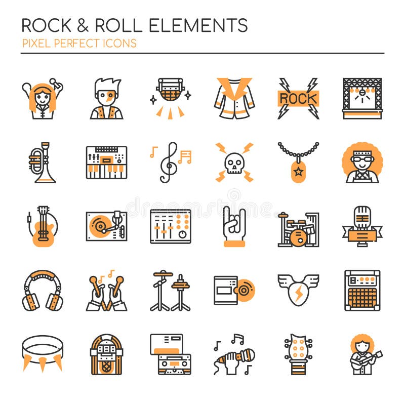 Rock & Roll Elements , Thin Line Stock Vector - Illustration of band ...