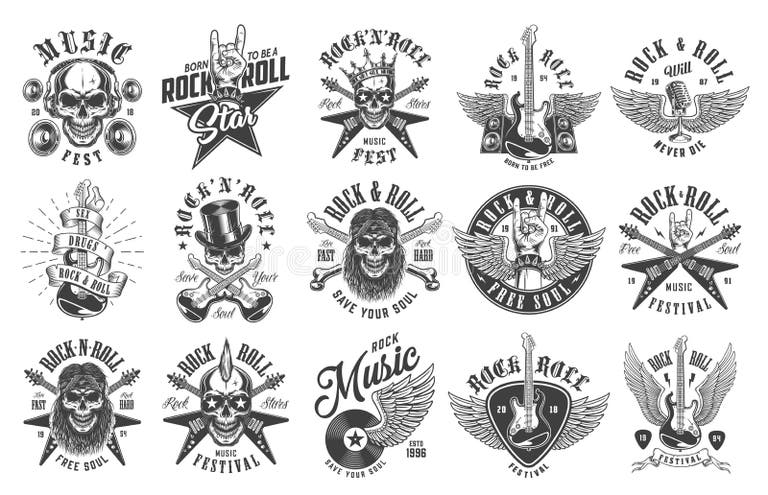 Rock and roll emblems stock vector. Illustration of design - 121632162