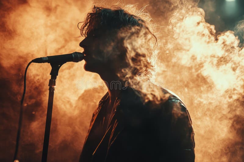 Rock and Roll Singer Singing with Passion into Microphone on Stage ...