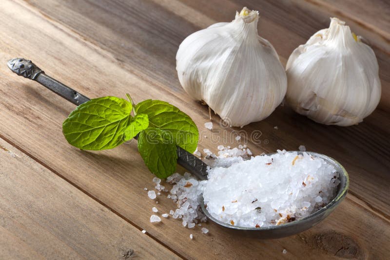Rock salt and garlic stock image. Image of flavor, spice - 25056655