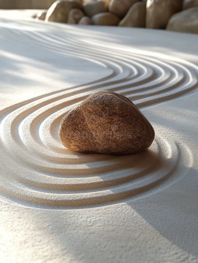 Rock on Sand with Concentric Circles Creating a Zen Pattern. Stock ...