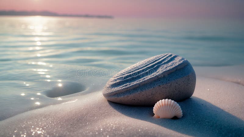 Serene Seascape: Smooth Stone and Seashell on Sandy Beach at Sunset ...