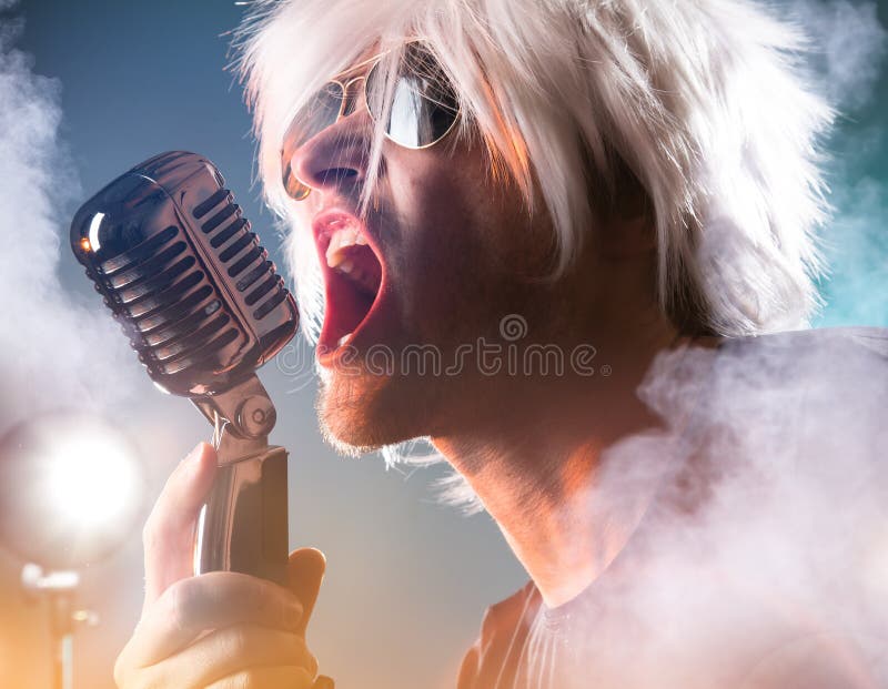 Rock Singer with Retro Microphone Stock Photo - Image of joyful, live ...