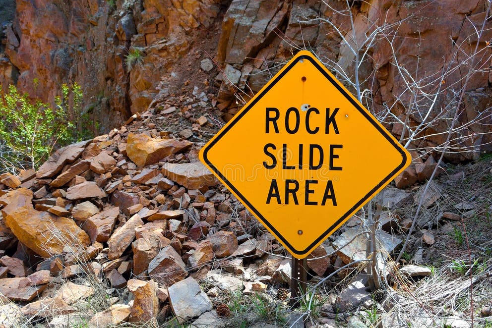 Rock Slide Area Sign with Fallen Rocks Stock Photo - Image of country ...