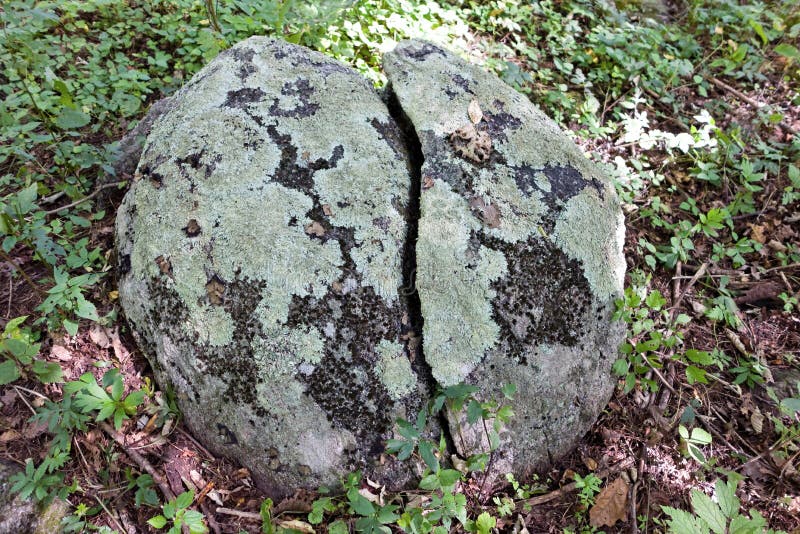 A rock split in half stock image. Image of moss, rock - 45302035