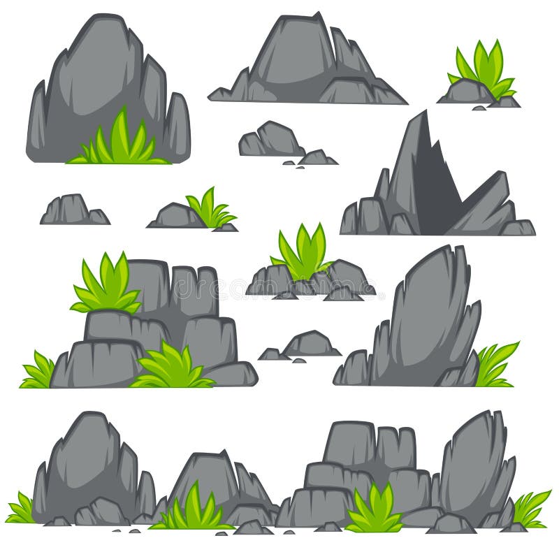 Stones and Nature Rock Set with Cartoon Green Grass Isolated on White ...