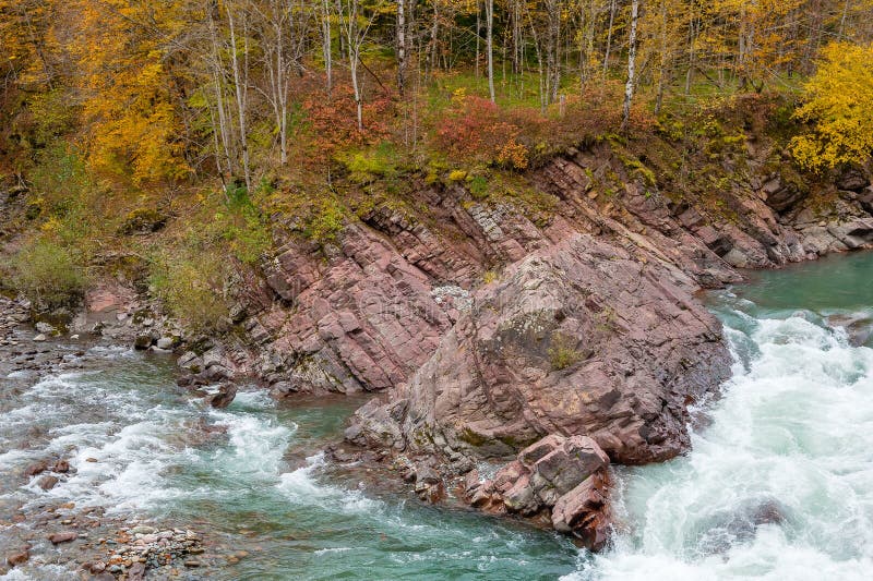 Rock in Stream Flow of Mountains River Fall Season Stock Photo - Image ...