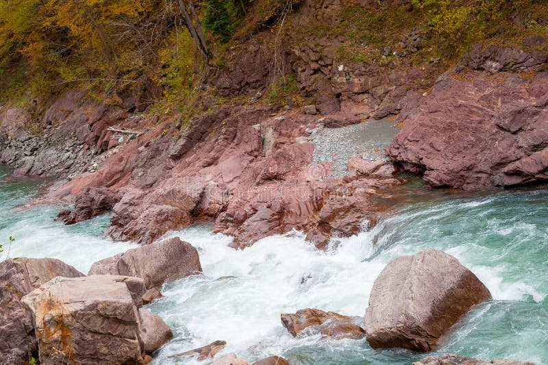 Rock in Stream Flow of Mountains River Fall Season Stock Photo - Image ...