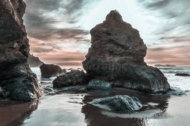 Rock at Sunset at a California Beach, Long Exposure Stock Photo - Image ...