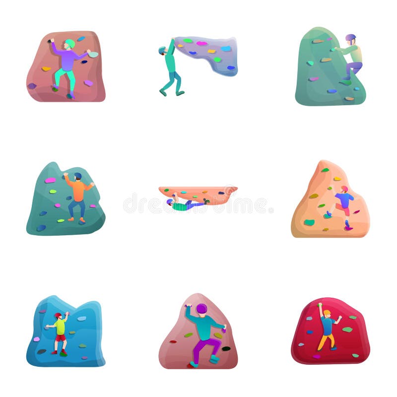 Rock Wall Climbing Icon Set, Cartoon Style Stock Vector - Illustration ...