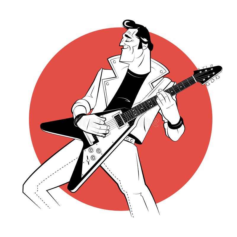 Rocker with Electric Guitar in Sketch Style on Red Background. Stock ...