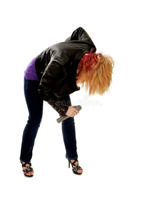 Rocker Girl Bowing with Microphone Stock Photo - Image of leather ...