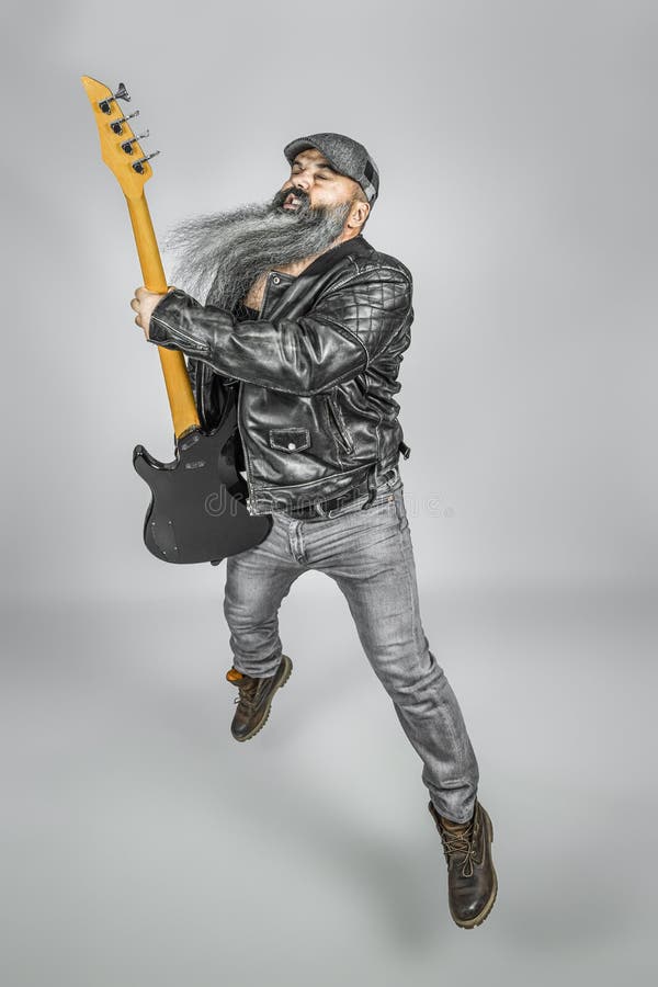 Rocker with Guitar and Long Beard Stock Photo - Image of crazy, black ...
