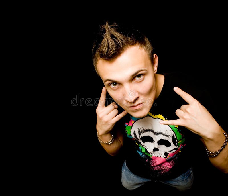 Rocker Man in T-shirt Over Black Stock Image - Image of poster ...