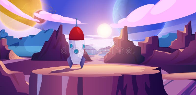 Rocket on Alien Planet, Cosmic Landscape Flat Style Stock Vector ...