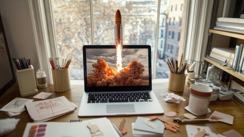Rocket Launching from Laptop Screen Stock Image - Image of imagination ...