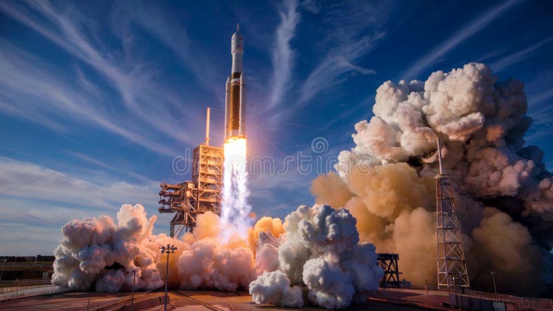Rocket Ascends into the Blue Sky As Clouds of Smoke Billow during a ...