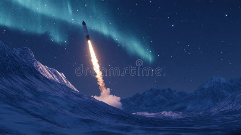 A Rocket Ascends from a Mountainside Platform with the Aurora Borealis ...