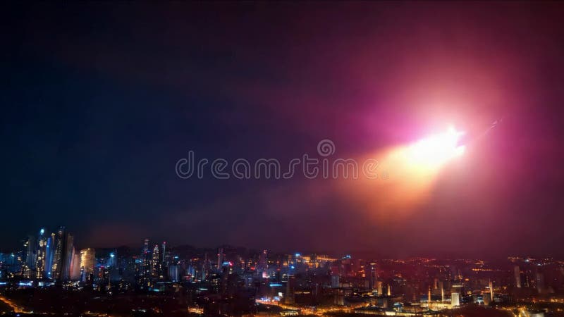 A Rocket Ascends into the Night Sky Over a Cityscape, Culminating in a ...
