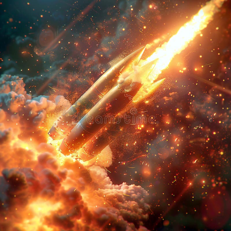 Rocket Launching into Space with Flames and Smoke at Night Sky Stock ...