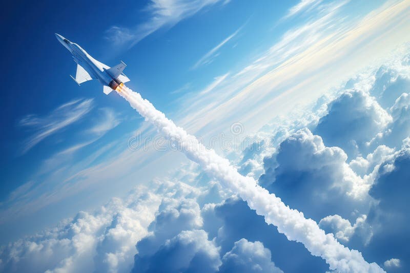 Rocket Launches into Clear Blue Sky Leaving a Trail of Smoke and Clouds ...