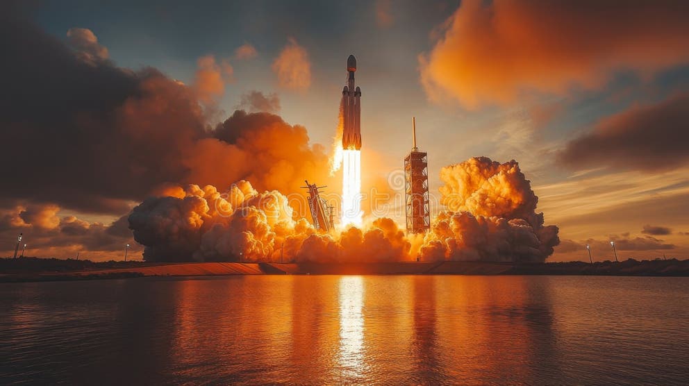 Rocket Ascends into the Sky Amid a Vibrant Sunset, Showcasing ...
