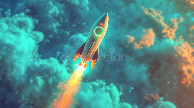 A Rocket Blasts Off into a Colorful Sky, Leaving a Trail of Smoke ...