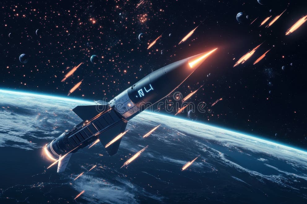 Rocket Launch in Outer Space with a Trail of Glowing Projectiles at ...