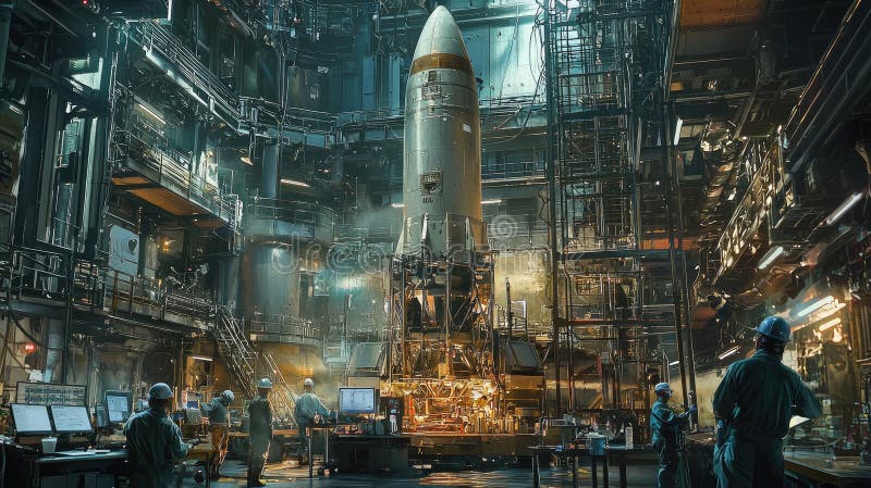 Rocket Assembly in Industrial Facility with Engineers and Technicians ...