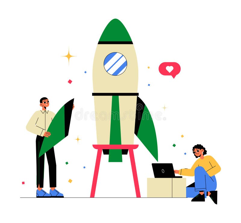 Rocket Assembly with Teamwork in Flat Vector Illustration Symbolizing ...