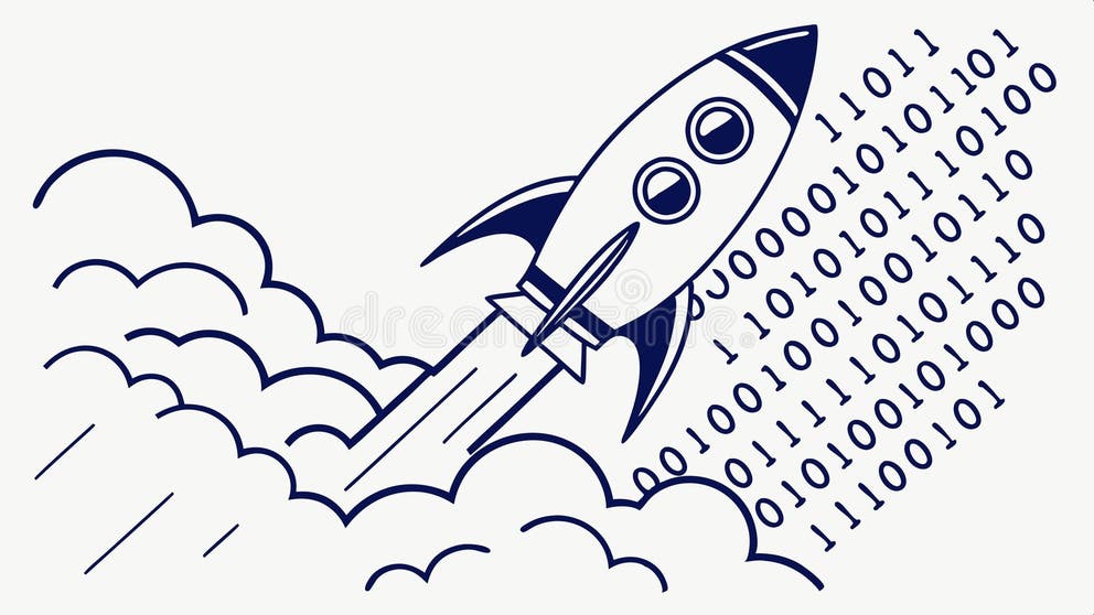 Rocket with Binary Trail, Illustrating Digital Space Exploration ...