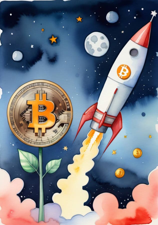 A Rocket with a Bit Coin on it and a Rocket in the Background ...