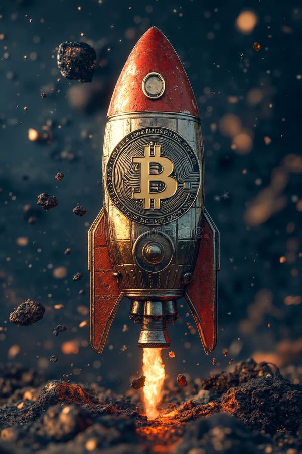 A Rocket with a Bit Coin on Top of it Flying through the Air Stock ...