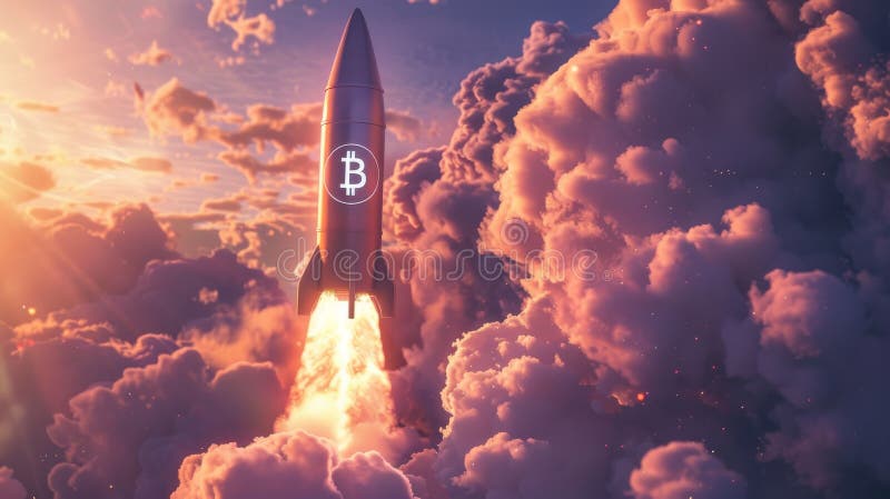 Rocket with Bitcoin Symbol Launching through Clouds, Futuristic ...