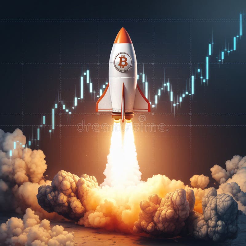 Rocket with Bitcoin Symbol Launching, Dynamic Flames with Fluctuating ...