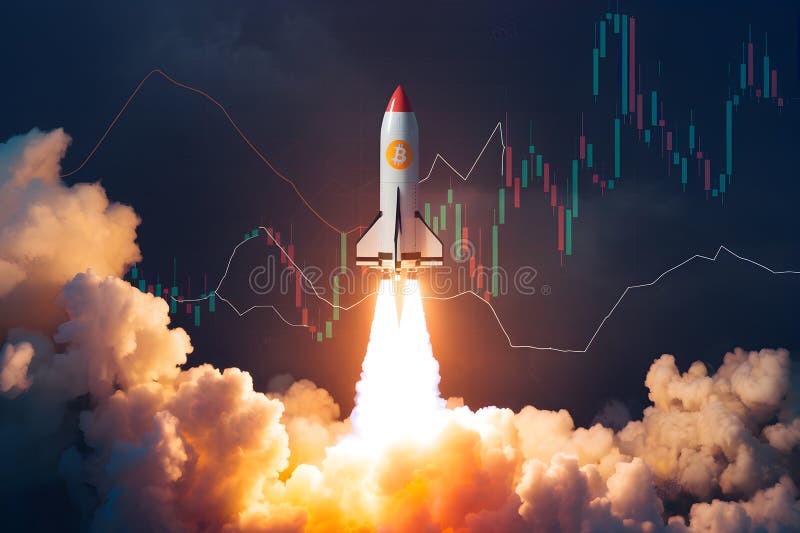 Rocket with Bitcoin Symbol Launching, Dynamic Flames with Fluctuating ...